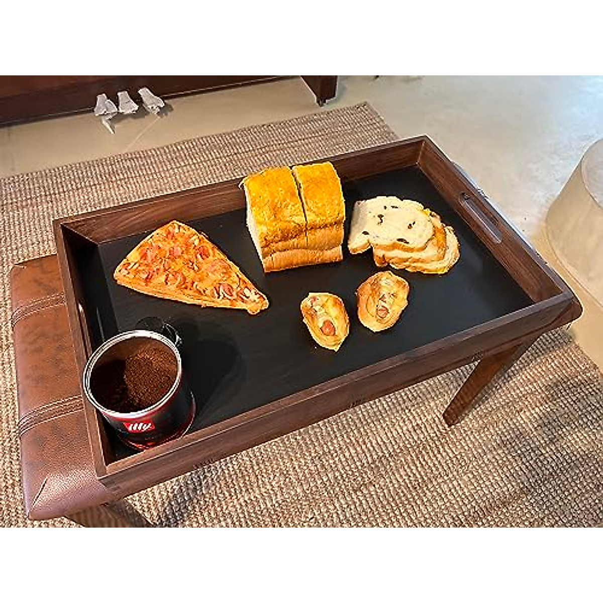 CRAZYWOOD 22x13 Inches Walnut with Carry Handle Black Ottoman Tray Serve Tea Coffee or Breakfast in Bed Classic Wooden Decorative Serving Tray