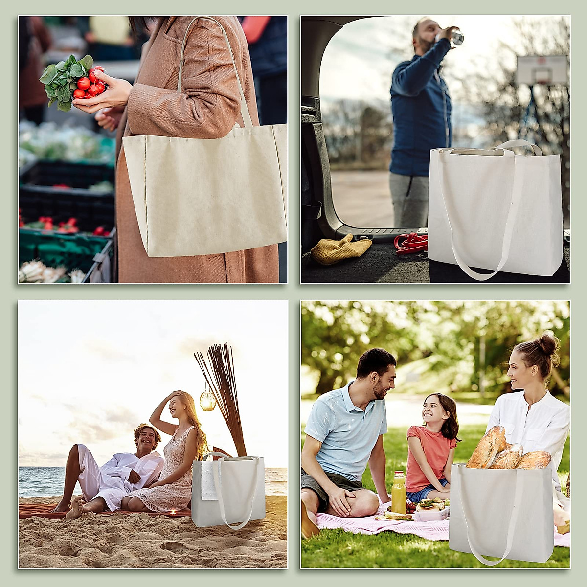 HQCUPB 4 Pack Canvas Tote Bag Reusable Grocery Bags Shopping Bags for Groceries Foldable Heavy Duty Washable Canvas Bag with Handles (4 Pack, Natural Color)