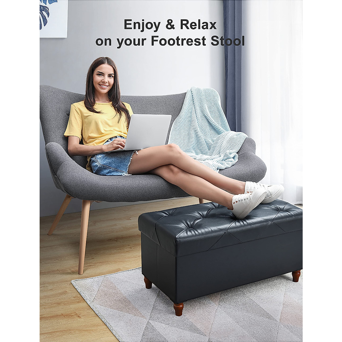 Nicehill 30 inches Folding Storage Ottoman Bench with Wooden Legs, Ottoman with Storage for Living Room & Bedroom,Faux Leather, Load 350lbs, Black