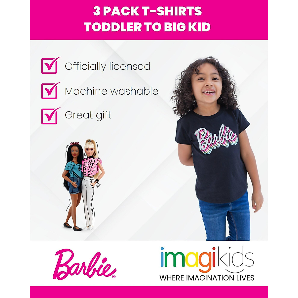 Barbie Toddler Girls 3 Pack T-Shirts Pink/Black 4T