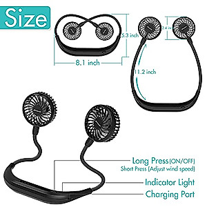 AMACOOL Neck Fan Battery Operated Neckband Fan Hand-Free Wearable Personal Fan for Hot Flashes Home Office Travel Outdoor Sports (Black)