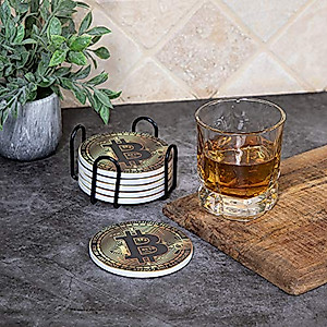 Bridgemore Physical Bitcoin Coasters for Drinks - Set of 6 Ceramic Bitcoin Coin Coasters for Drinks Absorbent with Holder - Great Bitcoin Gift Idea or House Warming Presents for New Home