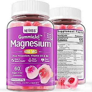 Sugar-Free Magnesium Filled Gummies 400mg - 5 Highly-Absorbable Forms (Mg Glycinate, Taurate, Malate & More) - w/Potassium, Zinc, Vitamin D3 & B6 25mg - Supports Muscles, Bones, Mood & Energy, 60Cts
