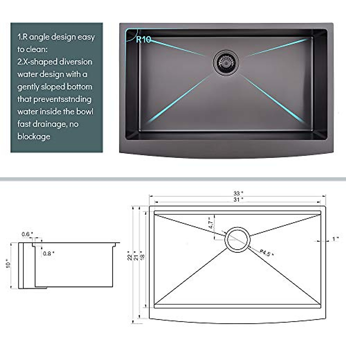 33 Inch Farmhouse Sink Black- VOKIM 33 Inch Black Stainless Stee Farmhouse Sink Apron Curved Front kitchen Sink 16 Gauge Single Bowl Gunmetal Matte Black Stainless Steel Kitchen Sink
