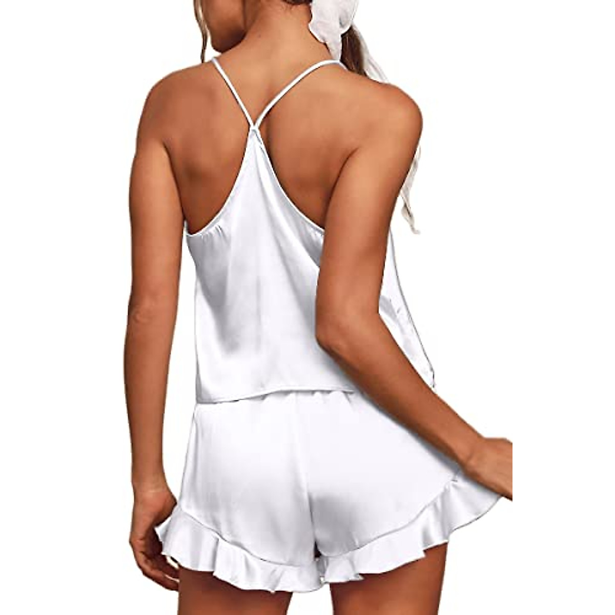 CHYRII Women's Sexy Cami Pajamas Sets Silk 2 PCS Lounge Sets with Ruffled Shorts Sleepwear White S