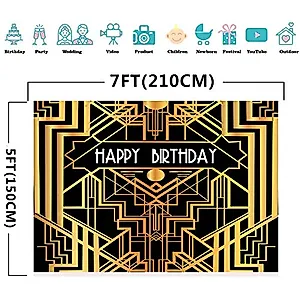 Happy Birthday Backdrop for Gatsby Birthday Party Decorations FHZON 10x7ft The Great Gatsby Photography Background Black Gold Golden Banner Party Themed Wallpaper Video Studio Shoot Props LXFH566