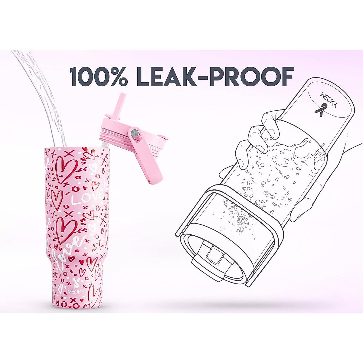 Meoky 40 oz Tumbler with Handle and Straw, Insulated Water Bottle, Stainless Steel Travel Mug, Keeps Cold for 34 Hours, 100% Leak Proof, Fits in Car Cup Holder (Fancy)