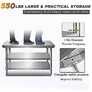 Heavy Duty Free Standing Stainless-Steel Commercial Restaurant Kitchen Work Table, Prep & Utility Workbench with Double Storage Shelves Rack, for Commercial Kitchen