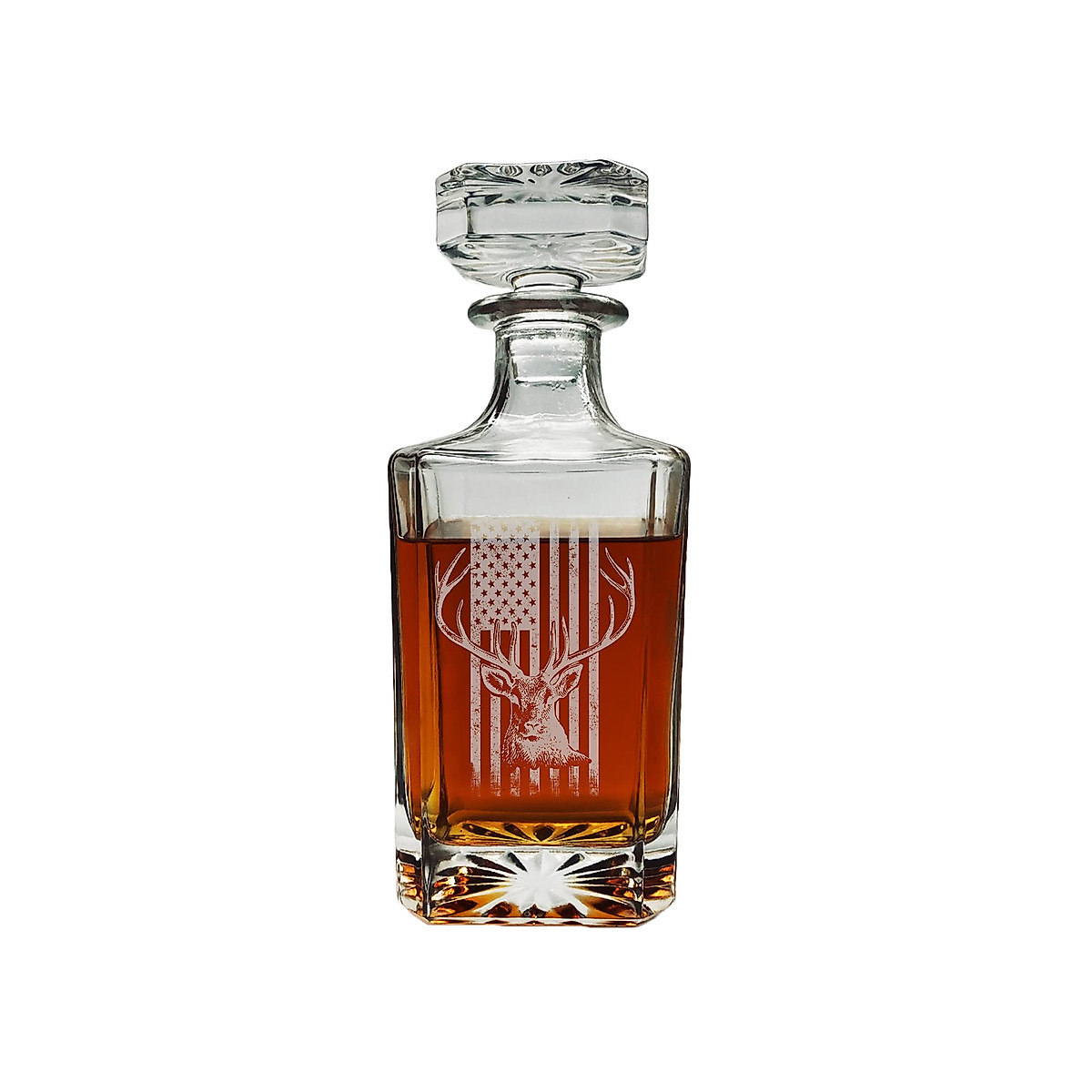 USA Flag Buck Hunting Whiskey Decanter With Glass Stopper Custom Gift For Men Dad Veteran Father's Day Deer Hunter