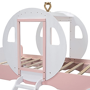 DEINPPA Twin Size Princess Bed with Crown, Wood Carriage Shaped Platform Car Bed with Stair, for Kids Girls Toddler, White+Pink