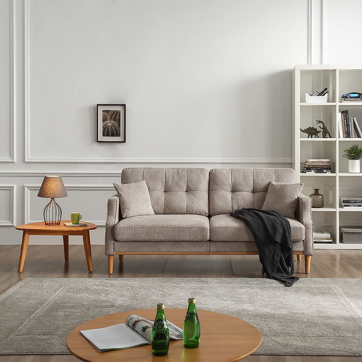 ARCLIS 70" Mid-Century Modern Loveseat with 2 Throw Pillows, Fabric Sofa for Living Room with Solid Wood Leg, Button Tufted Upholstered Couch with USB Charging Ports for Small Space