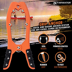FARWATER Canoe Anchor Grip - Boat, Float Tube & Kayak Fishing Accessories, Kayaking Equipment - Brush Clamp Anchor with Teeth - Gripper with 15ft Paracord - Rubber Grips - Coated Steel - Matte Orange