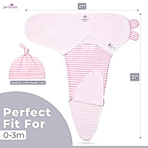 Jam Naturals- Organic Knotted Tie Bottom Adjustable Velcro Swaddle and Hat Set of 3, Newborn Sleep Sack (0-3m, 7-14lbs Pink)