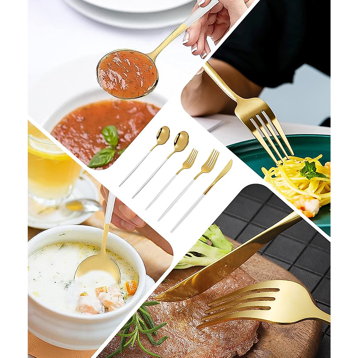 Kawlity Stainless Steel Serving Flatware Durable White & Gold Polished Knives Spoon Forks 30 Pcs Utensil Dinner Tableware, for Kitchen Dishwasher Adults and Children Ideal Gift