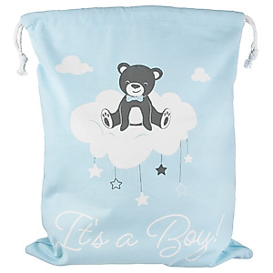 Baby Shower Canvas Gift Bag - Cute Reusable Gift Wrapping Alternative - Pink Blue Drawstring Cloth It's a Boy It's a Girl Gender Reveal Party for New Mom, Parents, Newborn Babies (Single, It's a Boy)