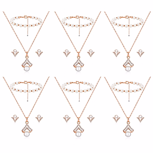 OTTFF Bridesmaid Jewelry Set For Wedding,6 Sets Rose Gold Plated With Pearl Necklace Earrings Bracelet Set For Bridesmaid Gift,Wedding Party Costume Accessories Gifts for Women