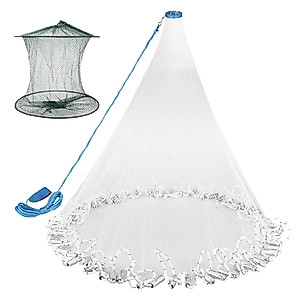 Cast Net for Fishing with Shrimp Cage, American Freshwater Saltwater 4/6/8Ft Radius Casting Net Bait Trap Fish, Heavy Duty Zinc Sinker, 3/8 Inch Mesh Size