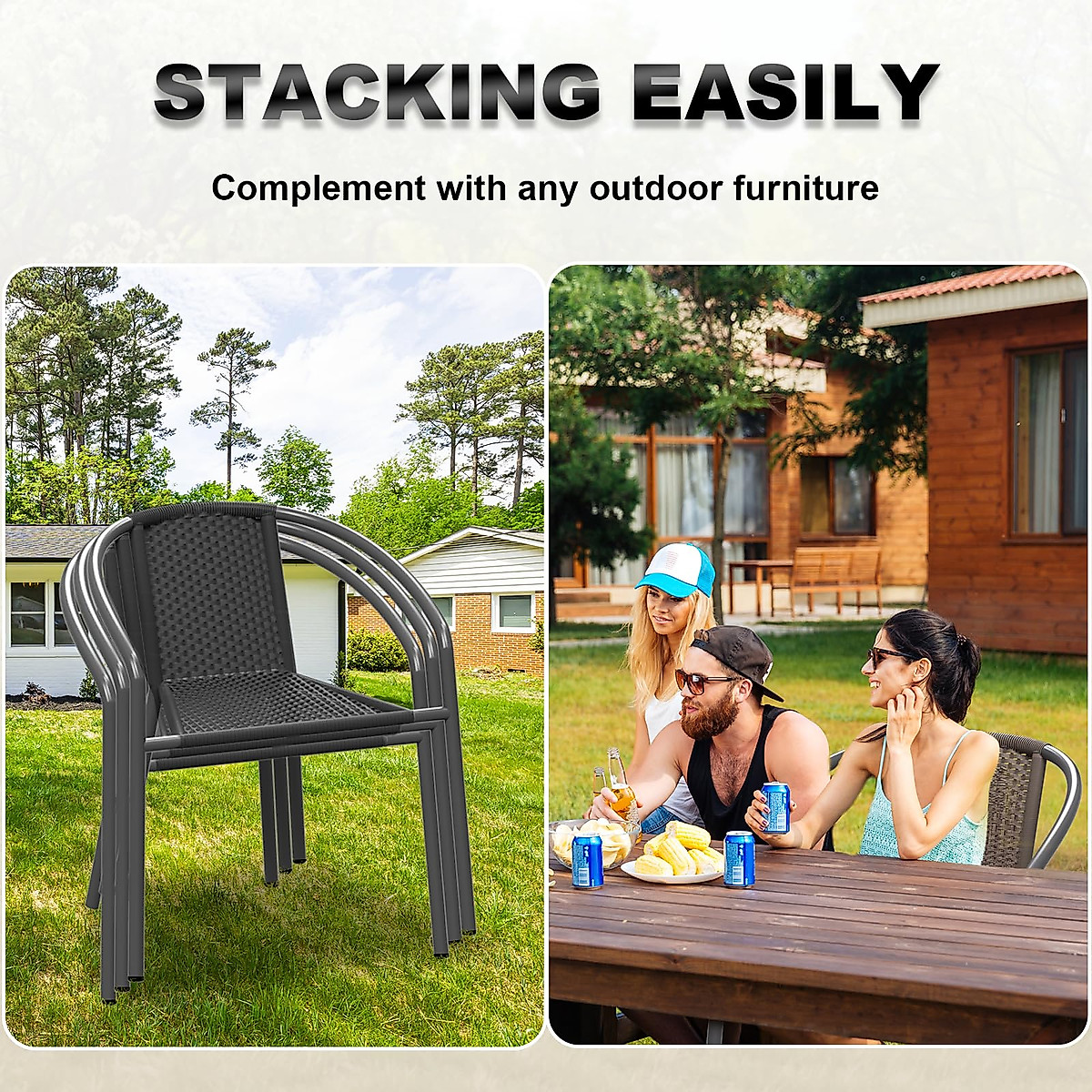 Patio Dining Chairs Set of 4, Outdoor Rattan Stackable Chairs for All Weather, Support 330 LBS, Metal Heavy Duty Portable Chair with Armrests for Backyard Lawn Garden Porch Pool and Deck Black