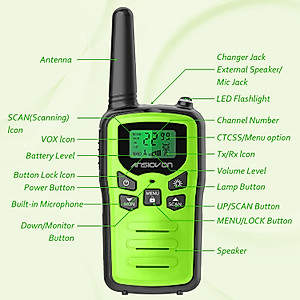 Walkie Talkies, ANSIOVON Walkie Talkies for Adults Long Range 22 Channels Walky Talky VOX Scan LCD Display Flashlight Two Way Radio for Family Biking Hiking Camping Cruise (2 Pack Green)