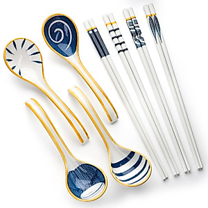 Spoon and Chopsticks Set Ceramic Chopsticks Spoon Set of 4 Asian Soup Spoon and Chopsticks Long Handle Spoon Chopstick for Home Kitchen Restaurant (Model 1#)