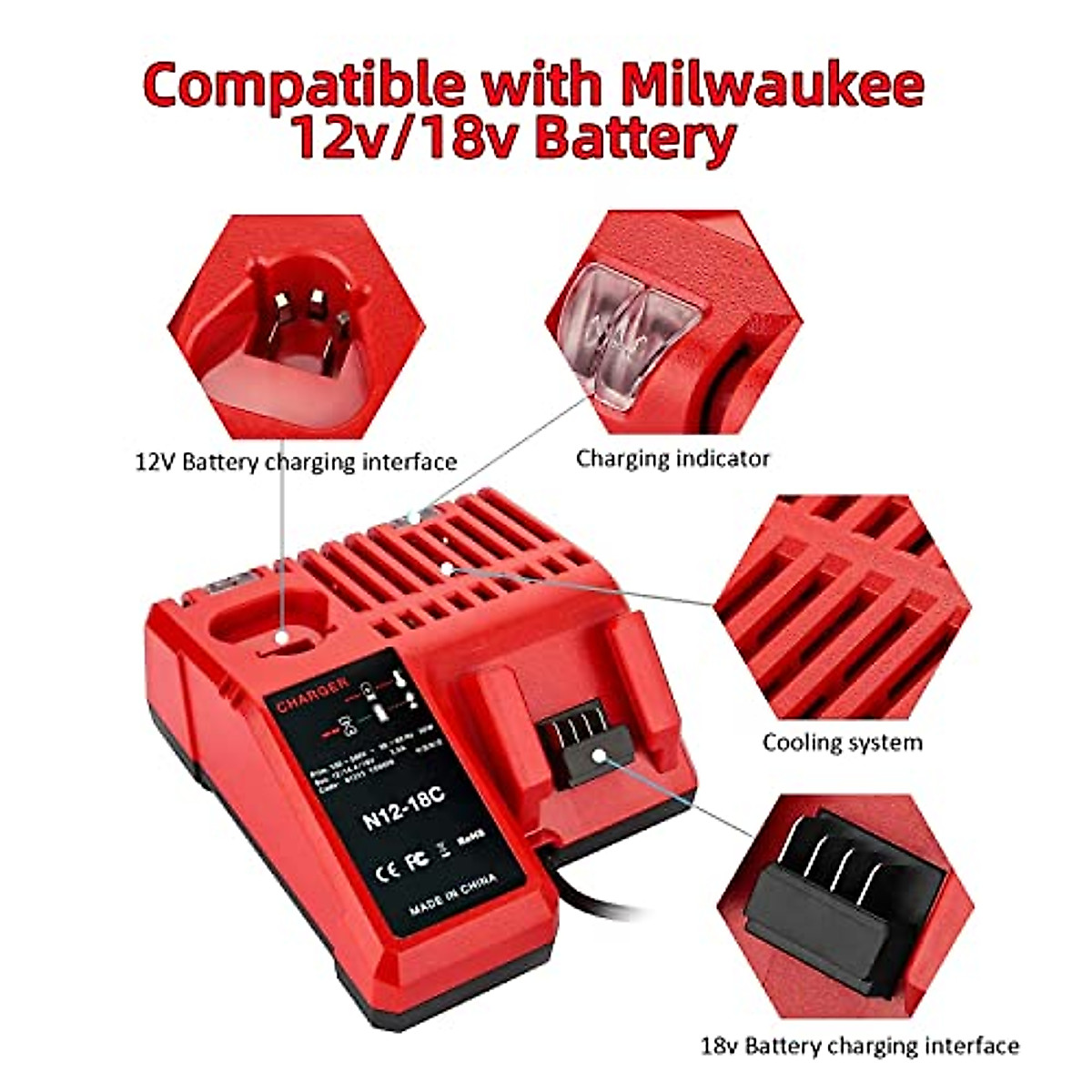 2 Packs 18V 6500mAh Replacement Battery and Charger Replacement for Milwaukee 18-Volt Li-ion Battery and M-18 Battery Charger