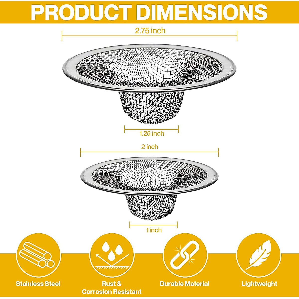 Bathroom Sink Strainer 2 Pack 2.75 & 2 "Inch At The Top I Drain Strainer Hair Catcher for Kitchen I Shower Bathtub Mesh Stainless Steel Stopper I Sink Traps Bathroom & Laundry Sink Drain Basket Filter