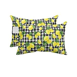 Recliner Head Pillow Ledge Loungers Chair Pillows with Insert Summer Yellow Lemon Black White Buffalo Plaid Lumbar Pillow with Adjustable Strap Outdoor Waterproof Patio Pillows for Beach Pool, 2 PCS