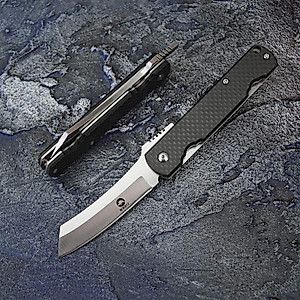 NEWOOTZ Handmade Higonokami Razor Folding Pocket Knife with Clip and Sheath,3in D2 Steel Blade,Carbon Fiber Liner Lock Handle EDC Knives for Men