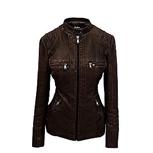 Hoffen Premium Vegan Leather Jacket for Women with Detachable Hood - Seitig Model (Coffee, L)