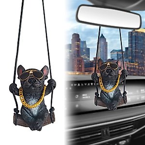 Swinging Dog Rear View Mirror Accessories For Car Afrench Bulldog Cute Car Rear View Mirror Pendant Accessories Decorations Frenchie Gifts Suitable For Men And Women(Black)