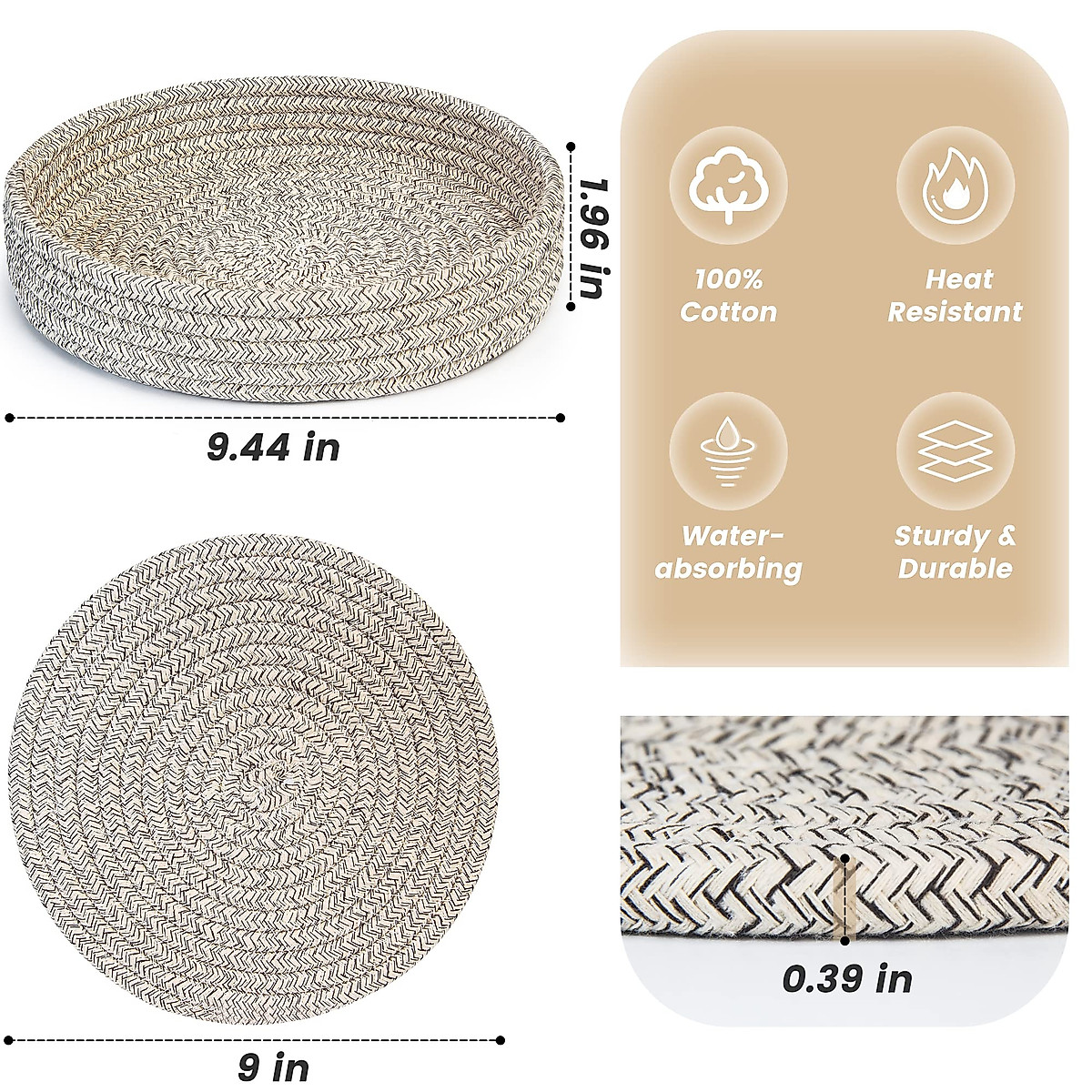 AmapleL 9 Inches Trivets for Hot Dishes, Trivets (Set of 4) for Hot Pots and Pans Holder + 1 Pack Kitchen Storage Basket, 100% Cotton Round Hot Pads - Table Mats - Coasters, Table Heat Protector Pad