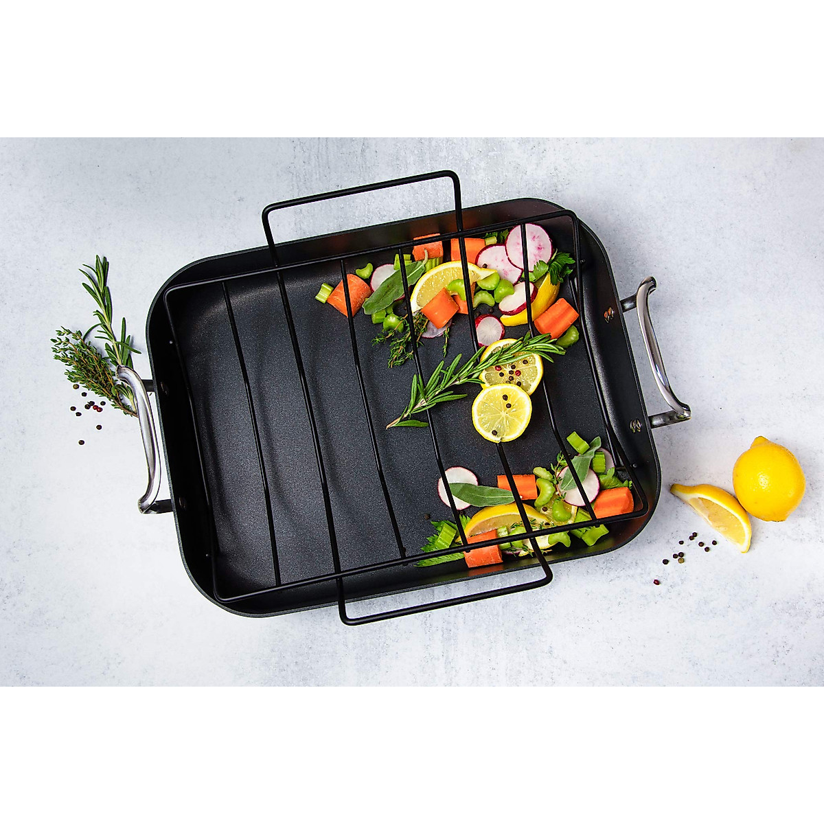 Turkey Roasting Pan, By Kook, Hard Anodized Roaster, Non stick, with Metal Rack and Stainless Steel Handles, 17 Inches from Handle to Handle (Grey)