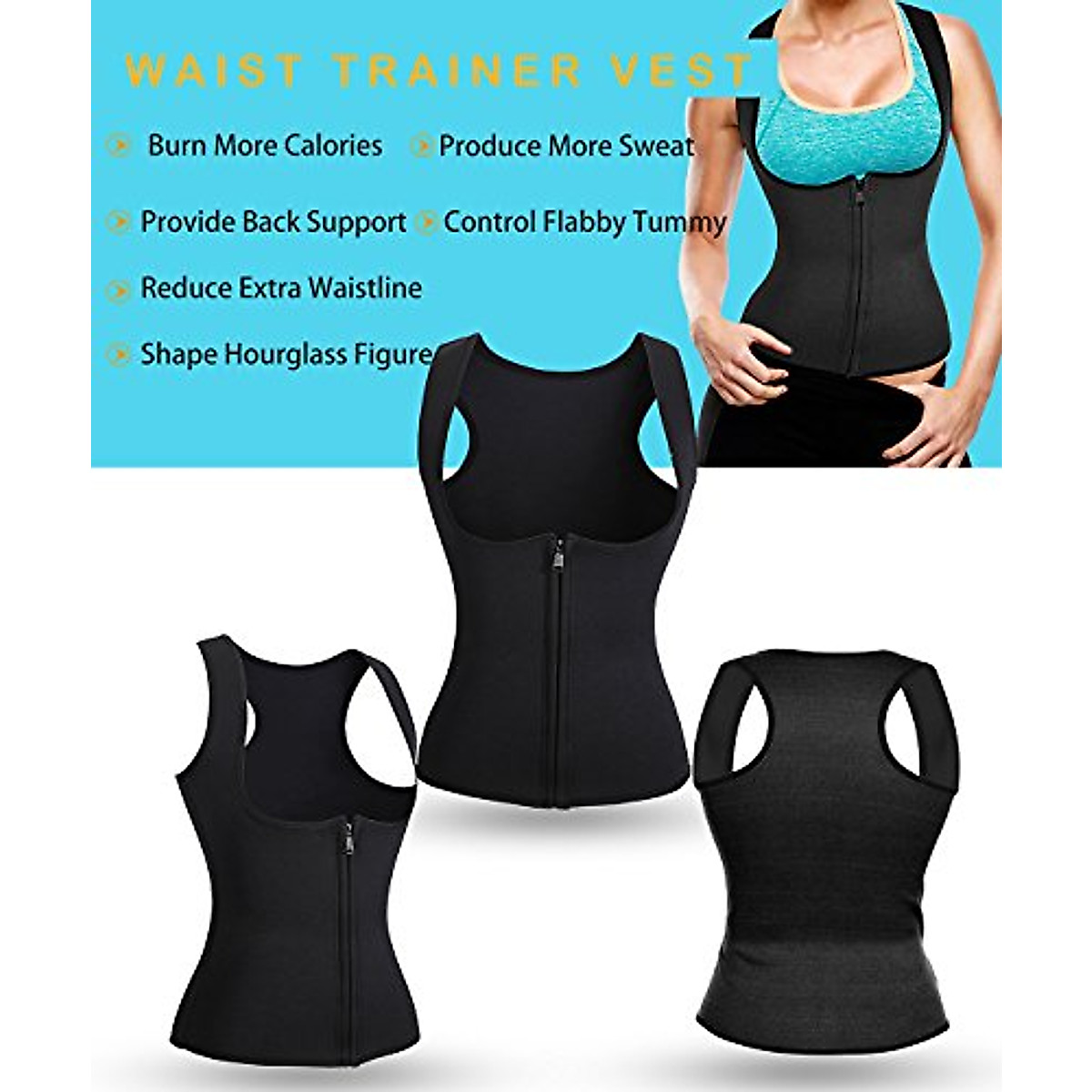 GAODI Women Waist Trainer Vest Slim Corset Workout Sweat Tank Top Zipper Compression Shirt Sauna Suit Body Shaper