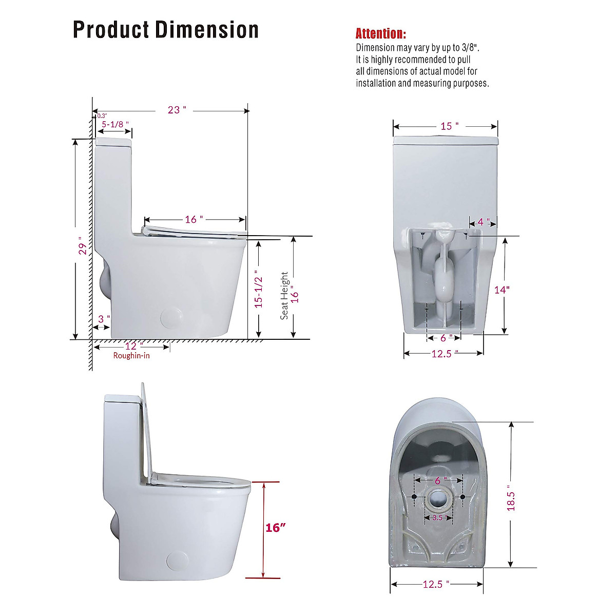 WinZo WZ5069 Small Modern One Piece Toilet Dual Flush 12" Rough in 23-in Depth Short for Compact Tiny Bathroom Powder Room White