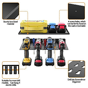 TZDTMEOS Electric Drill Storage Rack with Storage Shelf, Power Tool Organizer, Holds 4 Drills & Batteries, Hanging Wall Mounted Organizer for Garage, Home, Workshop, Shed (Rack+Shelf)