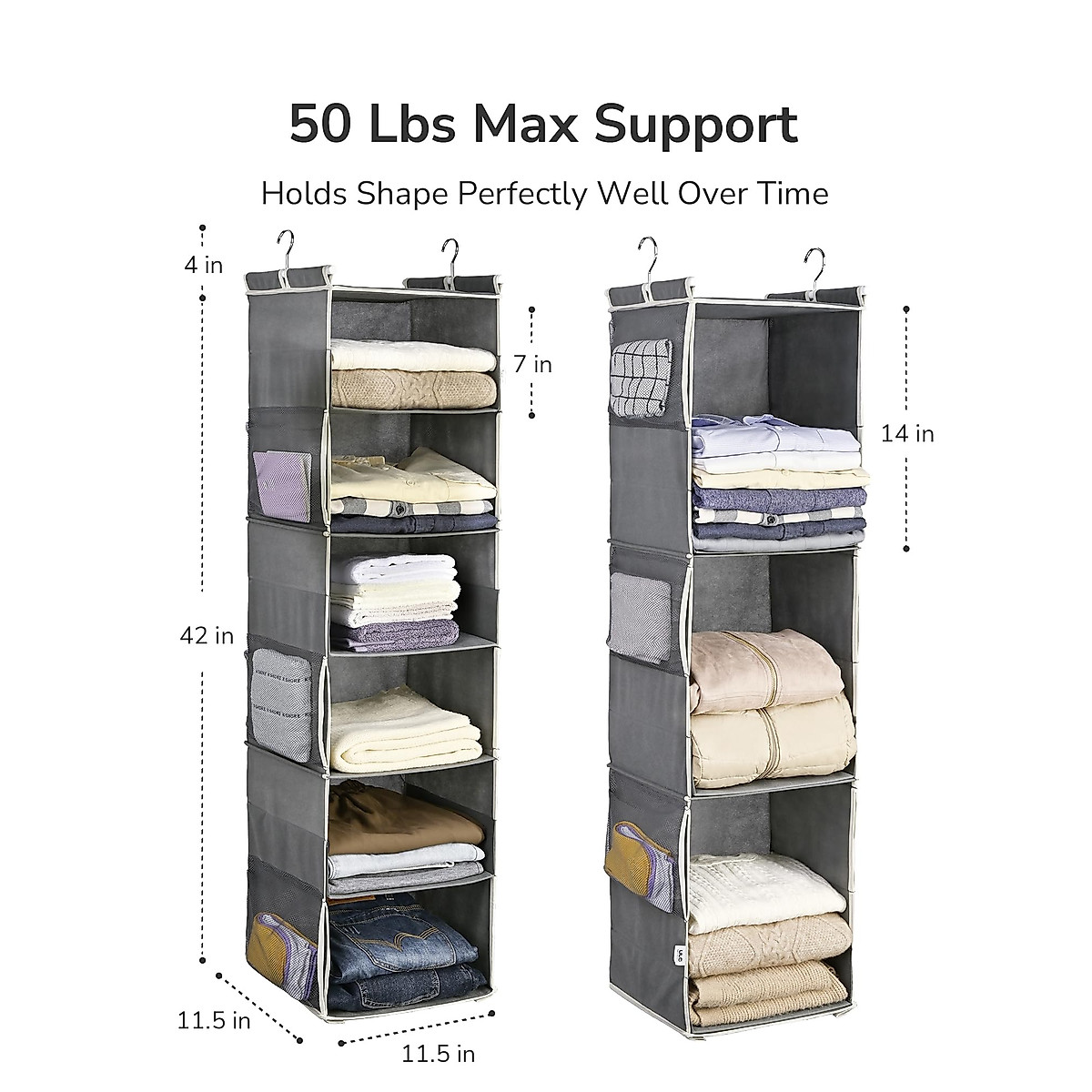 ULG 1 PC Hanging Closet Organizer, 3-in-1 to 6-in-1 Reversible Closet Hanging Shelves with 6 Side Pockets for Wardrobe Clothes Sweater Storage, Foldable, Dark Gray