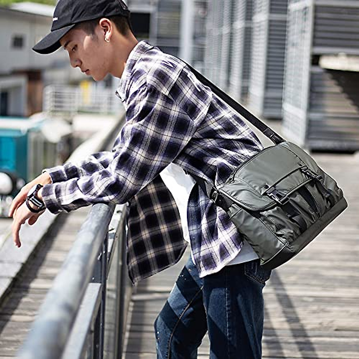 Messenger Bag for Men, Classic Water-Resistant Crossbody Shoulder Bag Medium Size Military Green