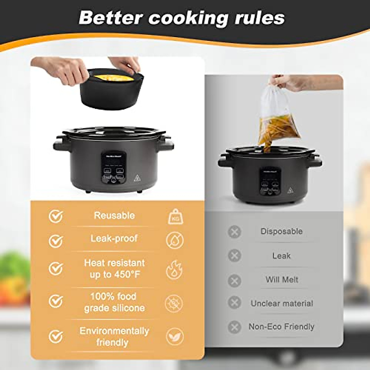 VYAJI 2PCS Silicone Slow Cooker Liners - Perfect compatible with Crockpot, Hamilton Beach, Elite Gourmet, Bella and any other 6,7,8QT slow cooker - Food-Grade Material, Easy Cleanup, Reusable, Eco-Friendly