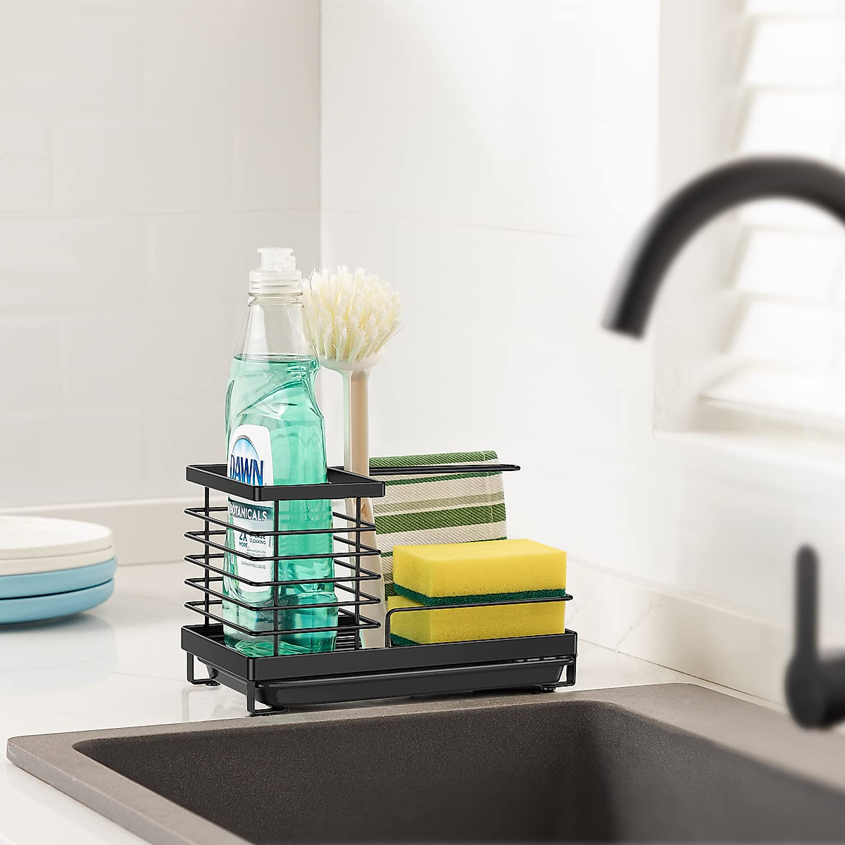 Oyydecor Sink Caddy, Sponge Holder for Kitchen Sink Organizer, 304 Stainless Steel Rustproof Countertop Sponge Brush Soap Holder with Drain Pan for Counter (Black)