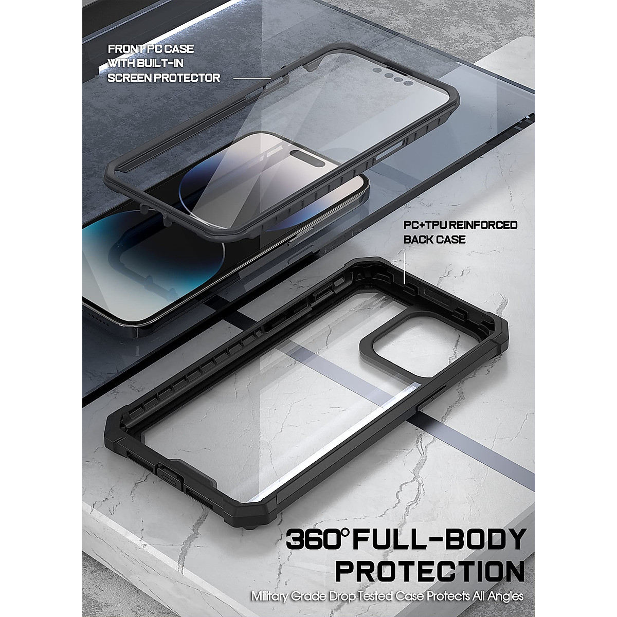 Poetic Guardian Case Compatible with iPhone 14 Pro Max 6.7 Inch, [20 FT Mil-Grade Drop Tested] Full-Body Shockproof Protective Rugged Clear Cover Case with Built-in Screen Protector, Black/Clear