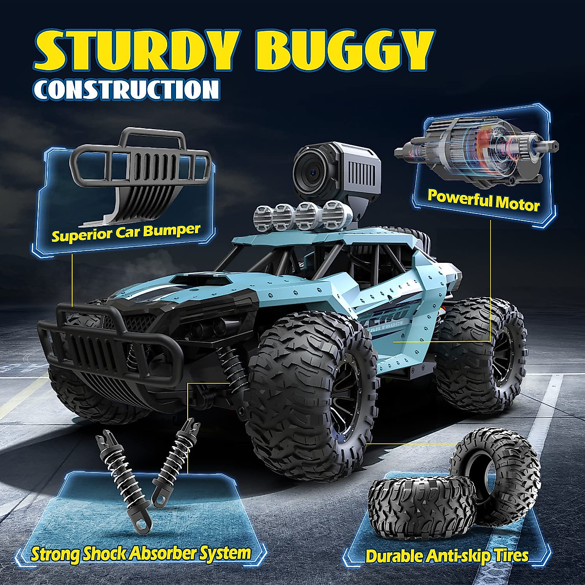 DEERC DE65 Remote Control Car with 1080P HD Camera,1:16 Scale RC Cars with LED Chassis Light&Headlights, 2.4Ghz High Speed Monster Truck Toy Vehicle, 2 Batteries for 60 Mins Play, Gift for Kids Boys