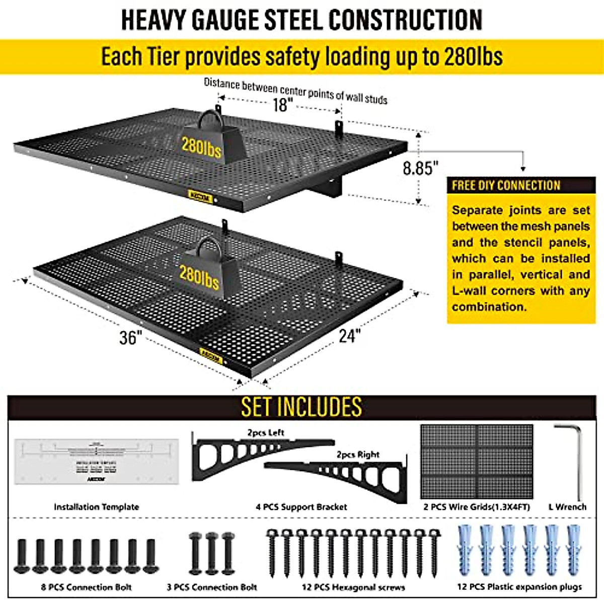 Aecxm 2pack-2x3ft Garage Storage Wall Garage Shelves Garage Storage Rack Garage Shelves Heavy Duty Sturdy Wall Shelves (Black)