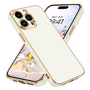 BENTOBEN Compatible with iPhone 14 Pro Max Case, Slim Luxury Electroplated Bumper Women Men Girl Protective Soft Case Cover with Strap for iPhone 14 Pro Max 6.7 inch,White/Gold