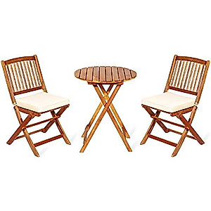 Giantex 3Pcs Patio Bistro Set, Wood Folding Table Set, 2 Cushioned Chairs for Garden Yard, Outdoor Furniture Round Table (Natural & Beige)