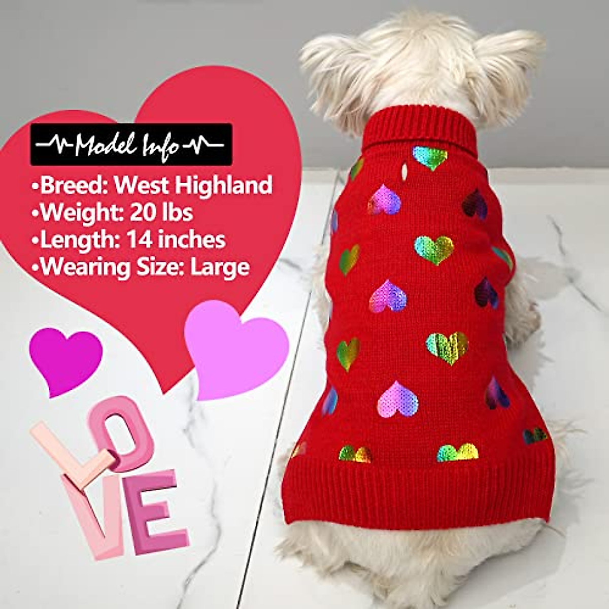 KYEESE Valentines Day Dog Sweaters Colorful Radiant Printing Love Design with Leash Hole Pet Sweater Pet Clothes,XL
