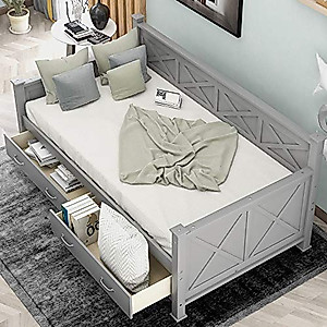 Oudiec Twin Daybed with Storage Drawers,Solid Pinewood Bedframe with Guardrail for Boys/Girls/Teens/Kids Bedroom,No Box Spring Needed,Gray
