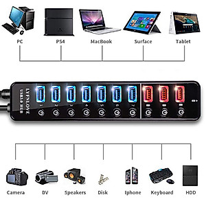 LYFNLOVE Powered USB Hub,11 Port 48W Data Charging Hub with 7 USB 3.0 Ports and 4 Smart Charging Ports,USB 3.0 Splitter with On/Off Switches for Laptop,PC, Computer,TV, HDD, Flash Drive and More
