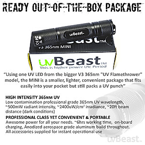 uvBeast New V3 365nm Mini - Black Light UV Flashlight – High Definition Pure Ultraviolet - Professional Grade High Power Upgraded 5 Core UV LED – USA Stock