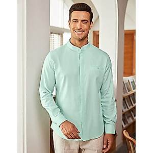 COOFANDY Long Sleeve Band Collar Linen Button Up Shirts for Men Casual Button Down Shirts Light Green