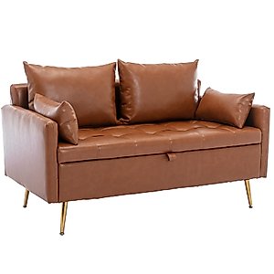 Kmax PU Leather Loveseat Sofa Chair Storage 52” Upholstered Couch Sofa with 4 Pillows Golden Legs for Living Room Small Space, Apartment, Bedroom, Dorm- Brown
